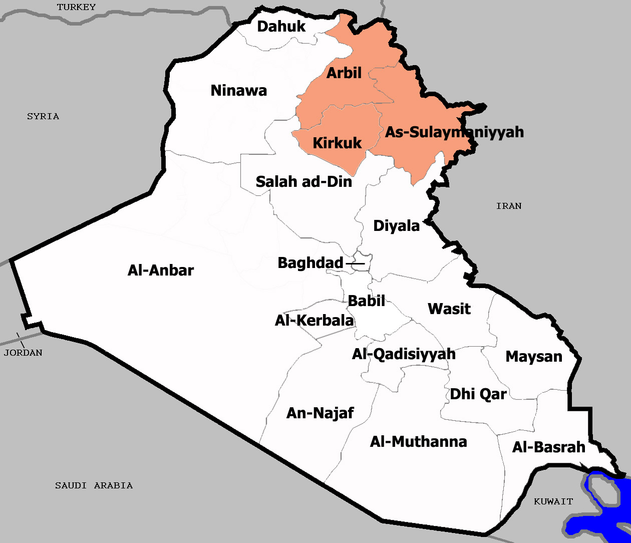 A map of Iraq highlighting Sulaimaniyah, Arbil and Kirkuk provinces in ...