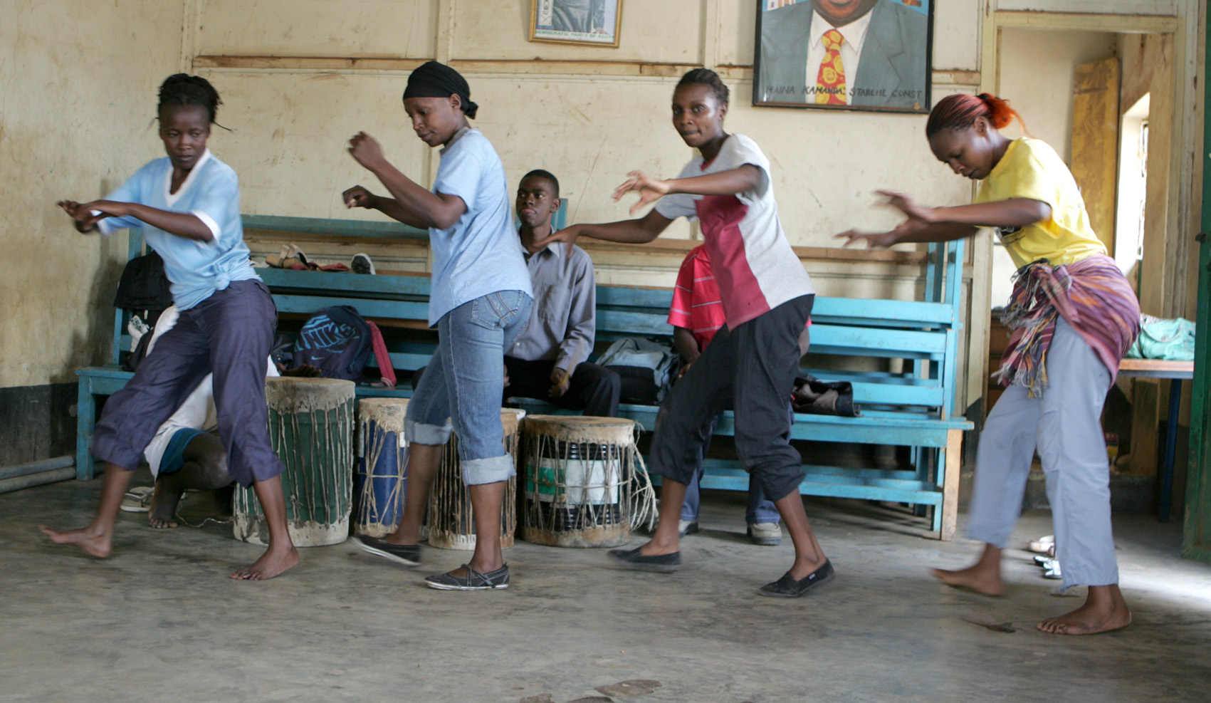 Members of the Sanaa Utamaduni Dancers perform at a hall in Kosovo area ...