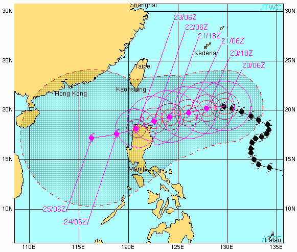 The path (black) and projected path (pink) of Typhoon Lupit, which is ...
