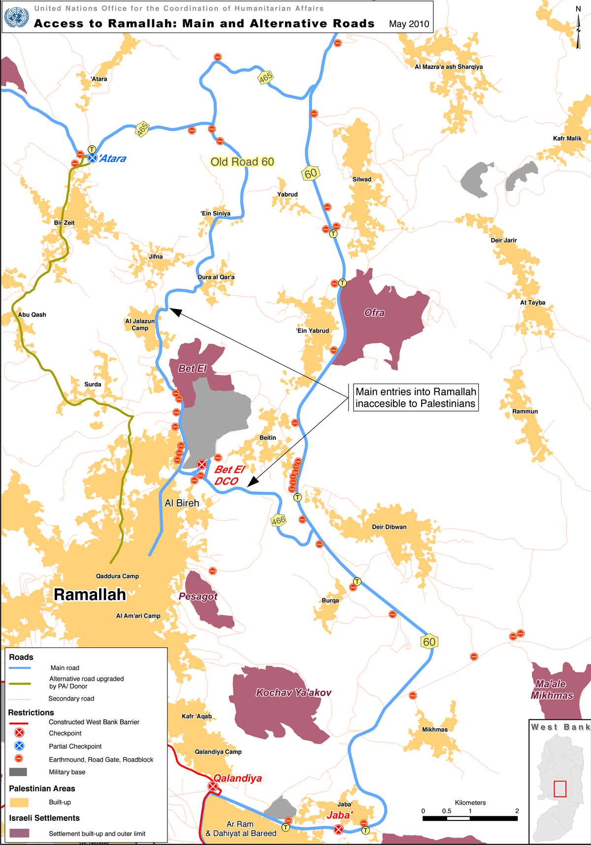 Map showing access to Ramallah: Main and Alternatiive Roads (See larger ...